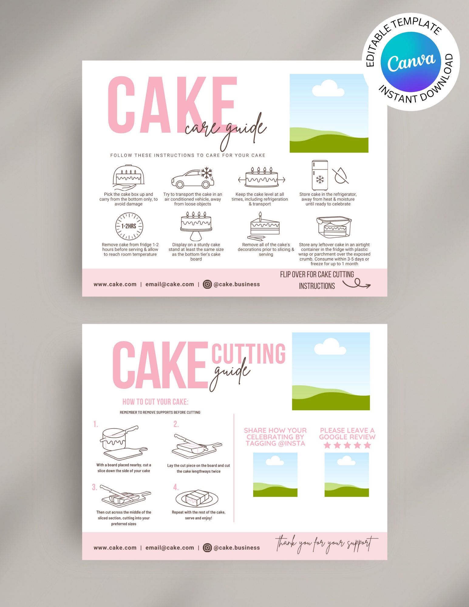 Cake Care & Cutting Guide Card: Editable Canva Template (digital ...
