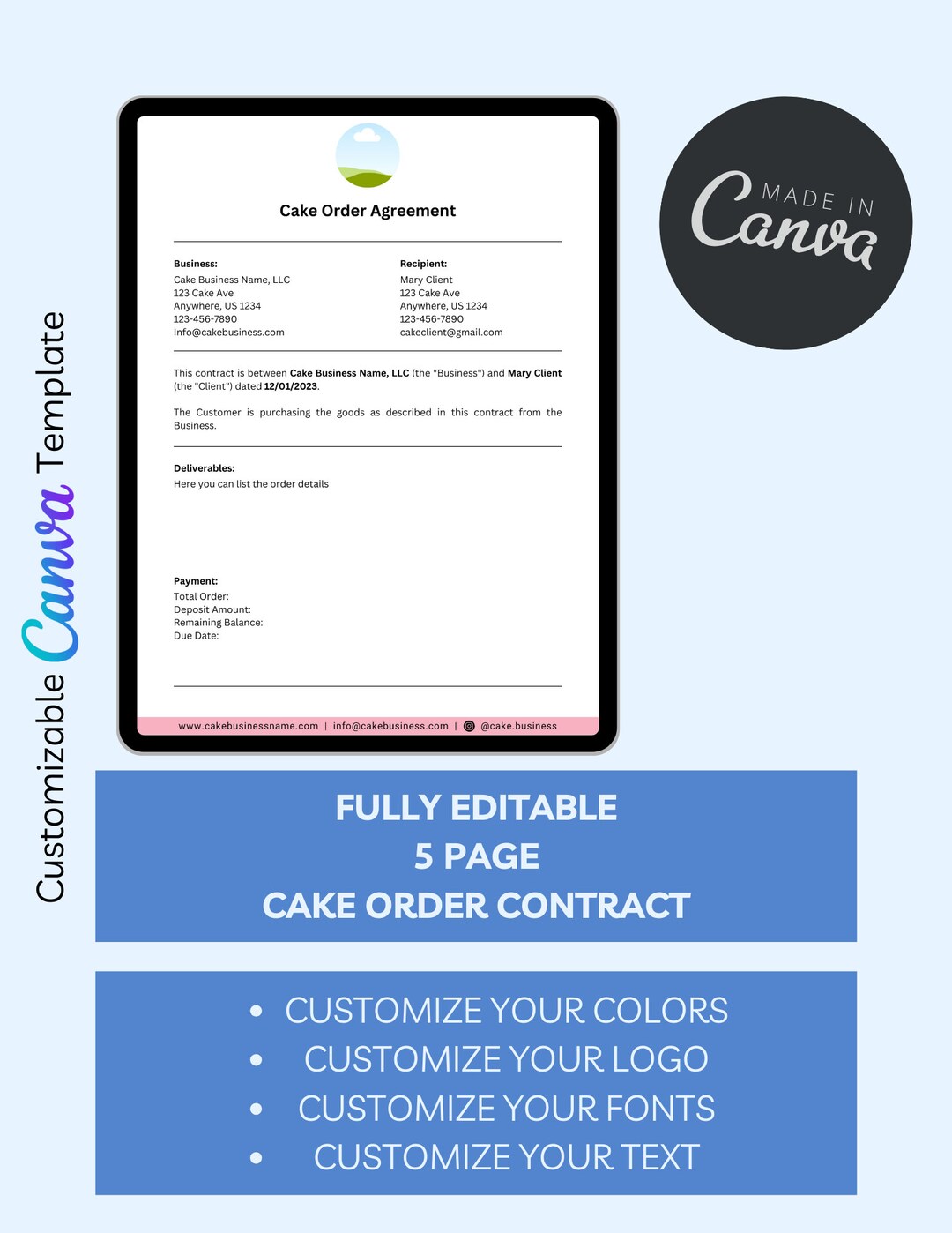 Cake Contract Template | Edit in Canva, Contract for Baker, Wedding ...