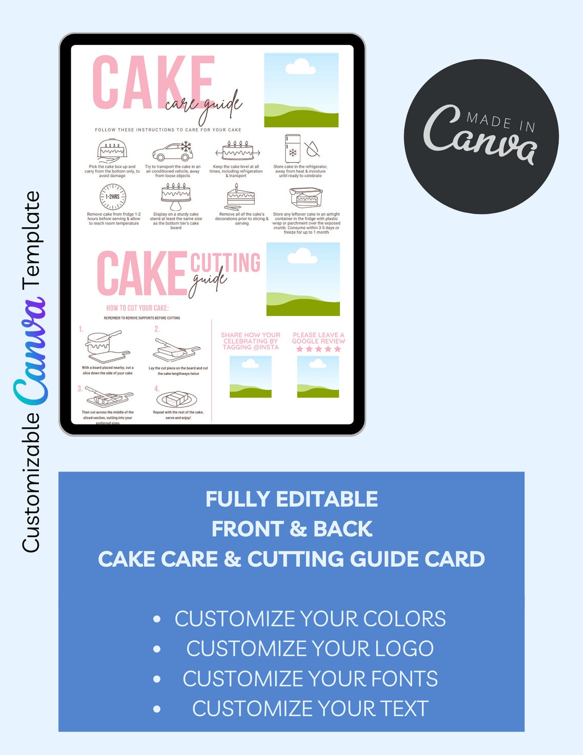 Cake Care & Cutting Guide Card: Editable Canva Template (digital ...