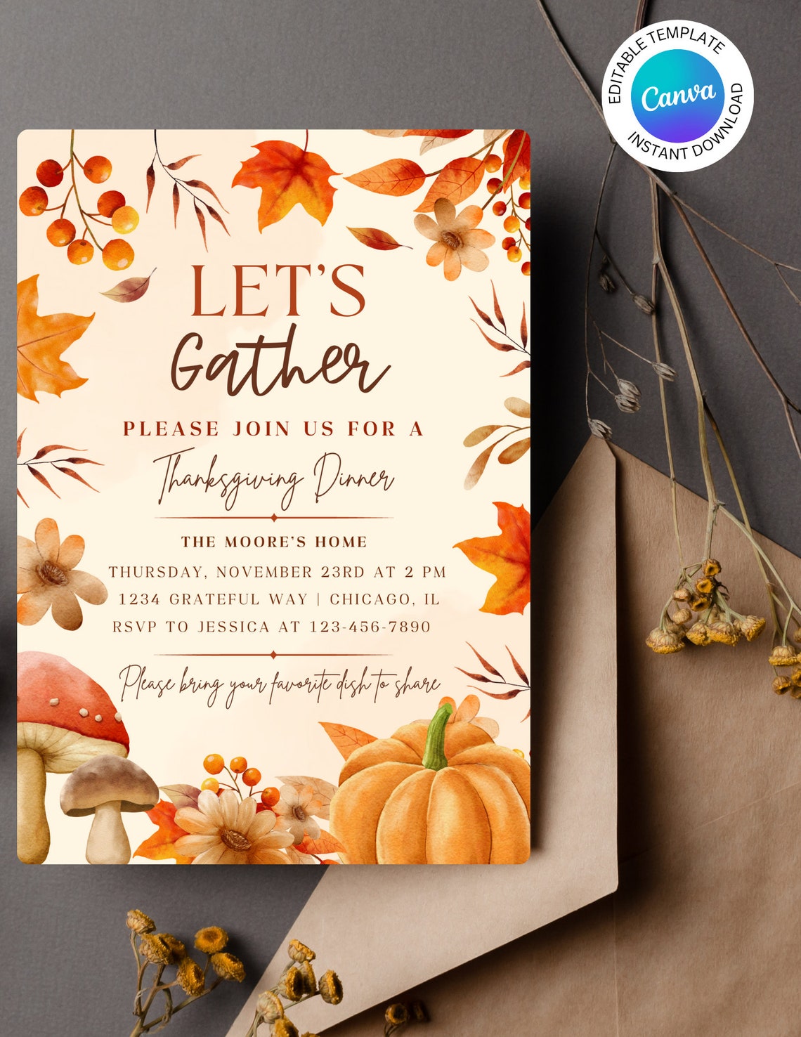 Editable Thanksgiving Dinner Invitation, Fall Dinner Party Invitation ...
