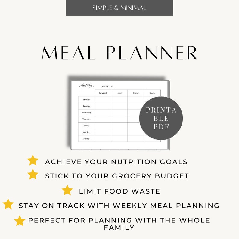 Simple Meal Planner Printable Weekly Meal Plan PDF - Etsy