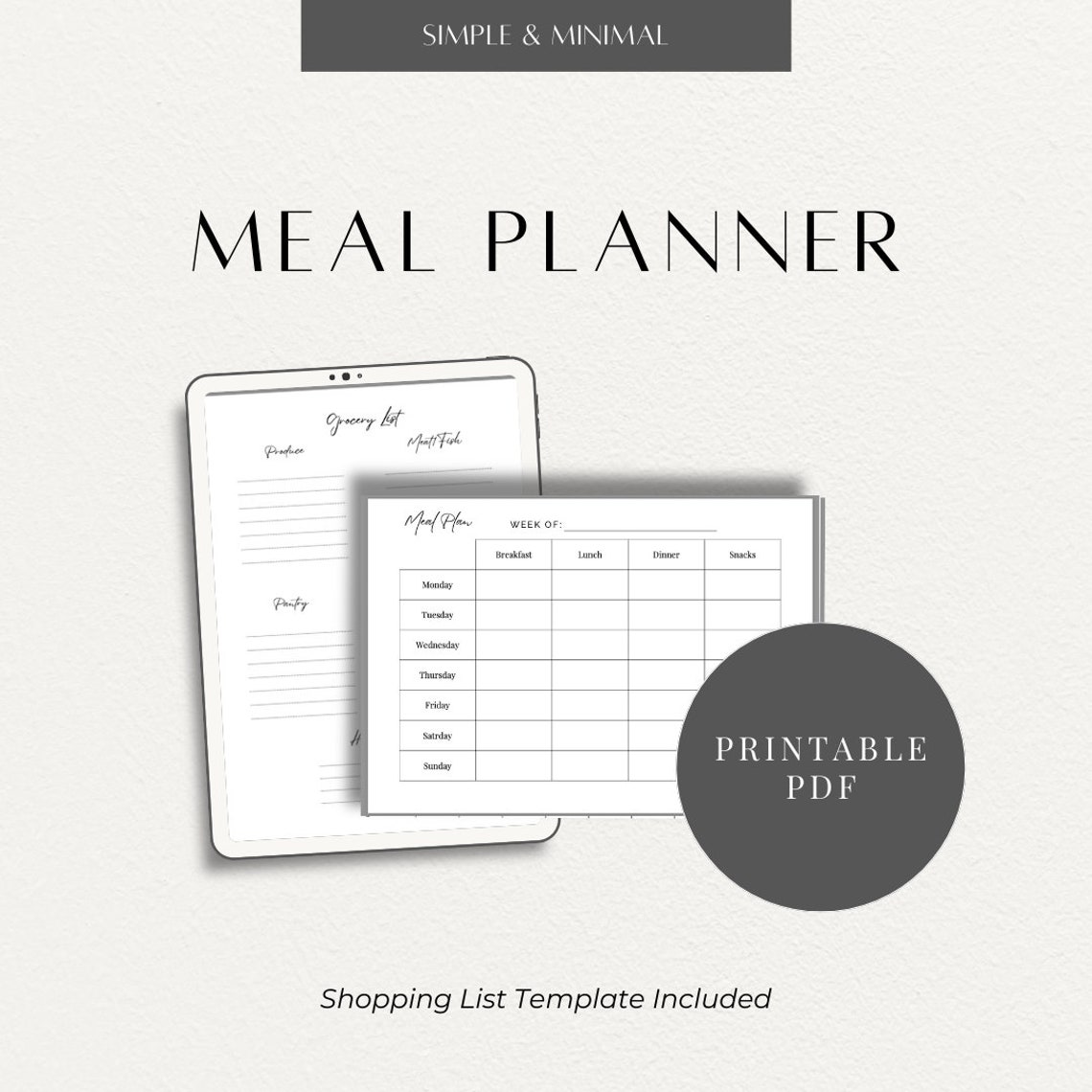 Simple Meal Planner Printable Weekly Meal Plan PDF - Etsy