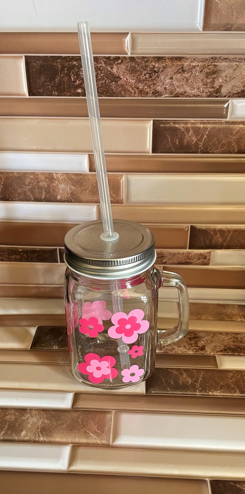 Groovy Daises Flower Mason Jar With Handle 16 Ounces Spring Glass Cup ...