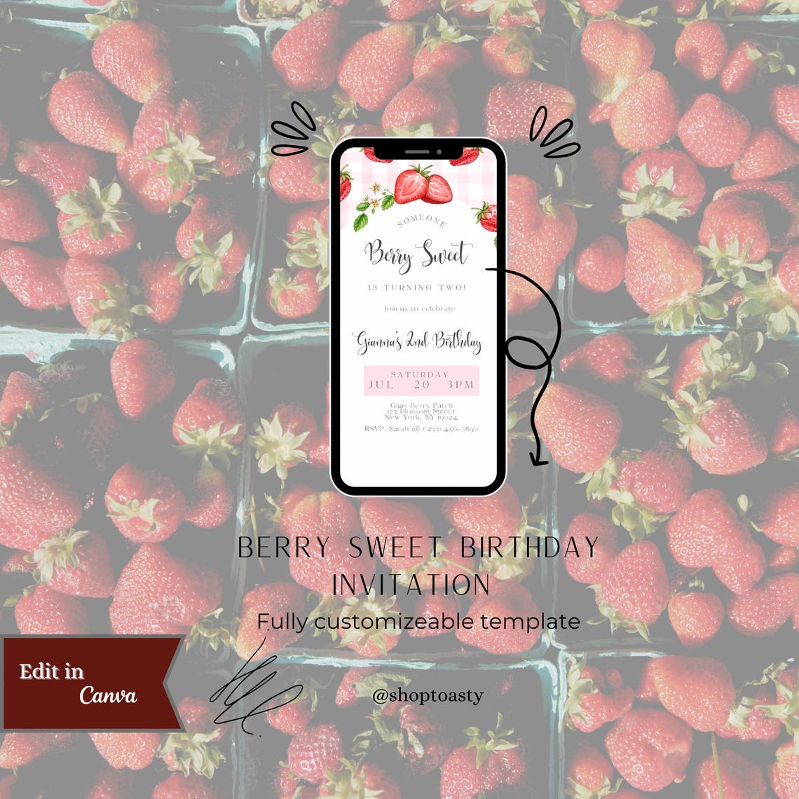 BERRY SWEET BIRTHDAY Invitation Template, Strawberry Birthday Party ...