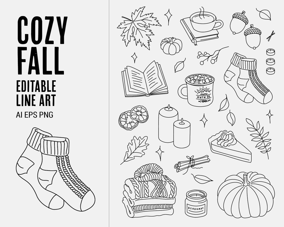 Cozy Fall Clip Art, Thanksgiving Cozy Fall Line Art, Fall Doodles, Hand ...
