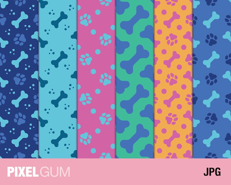 Seamless Colorful Dog Paw & Bone Pattern Bundle, Turquoise Orange Pink ...