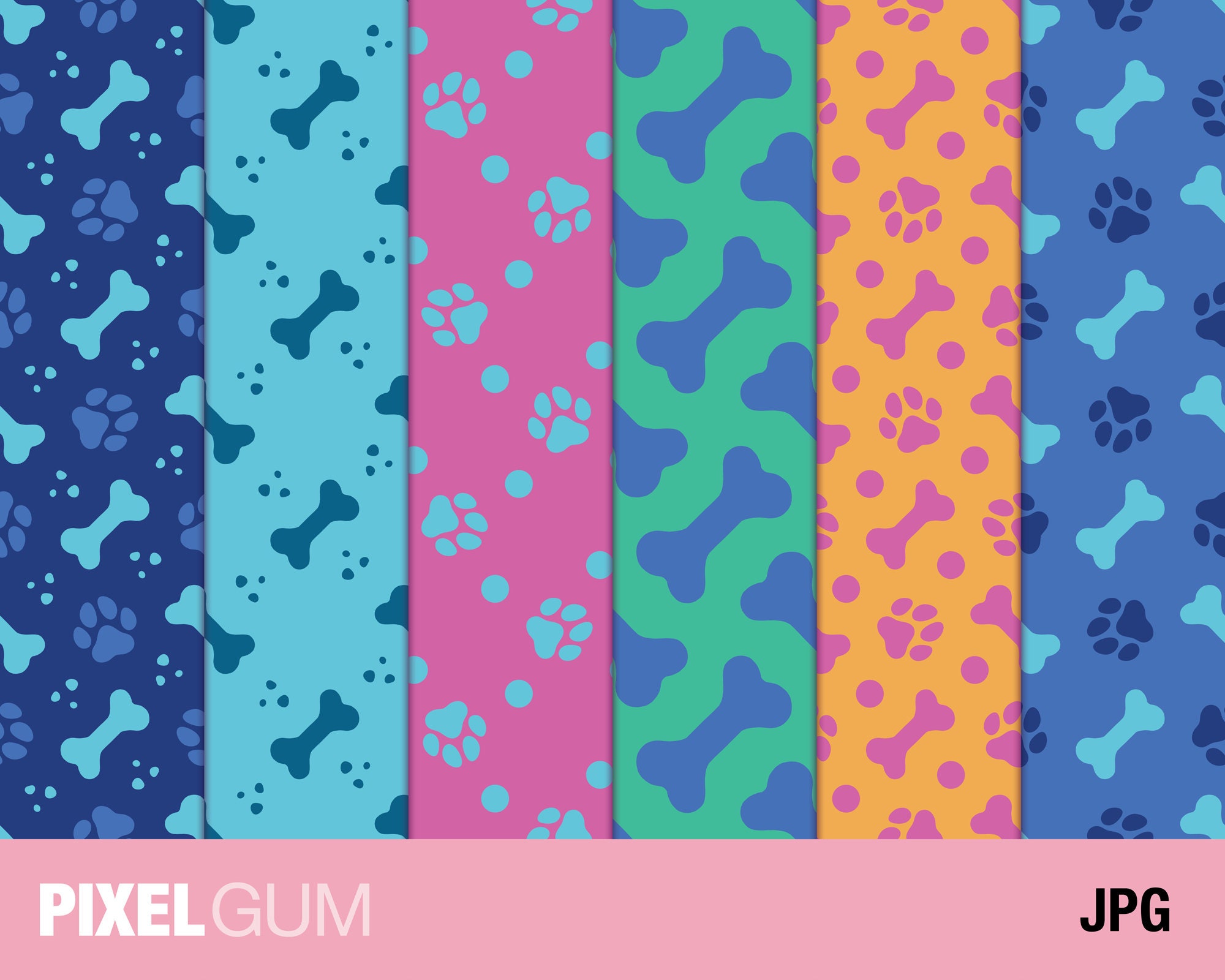 Seamless Colorful Dog Paw & Bone Pattern Bundle, Turquoise Orange Pink ...