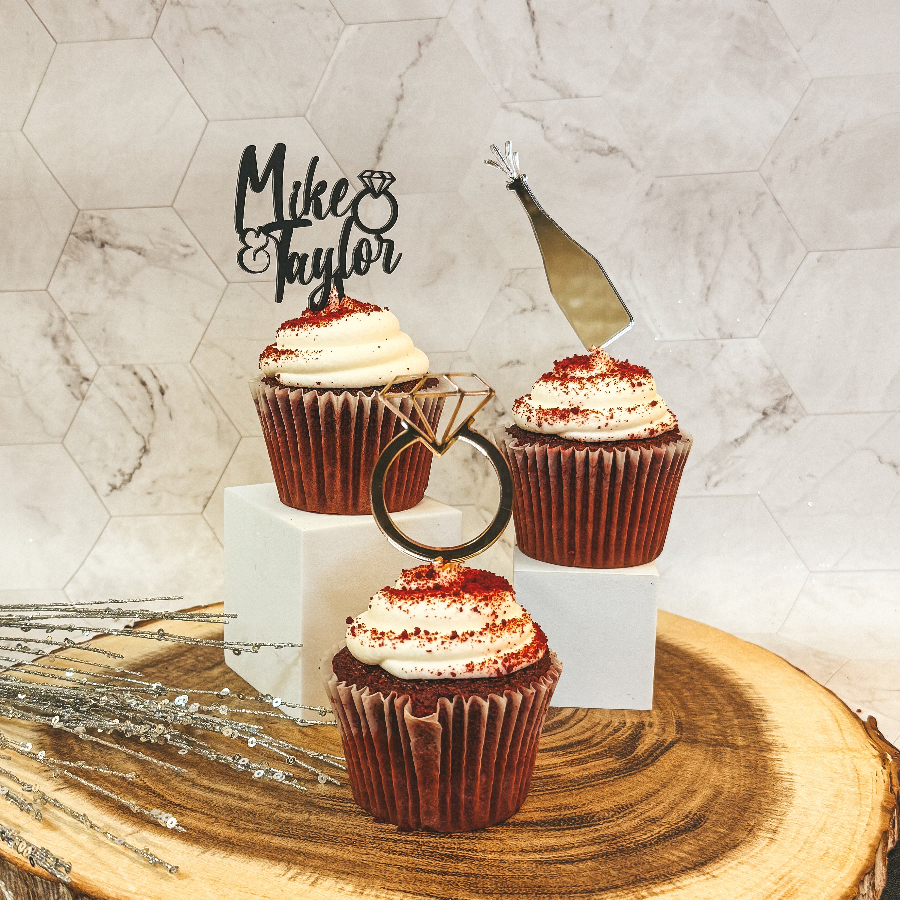 Engagement Cupcake Topper, Ring, Champagne, Names, Party Favor, Cupcake ...