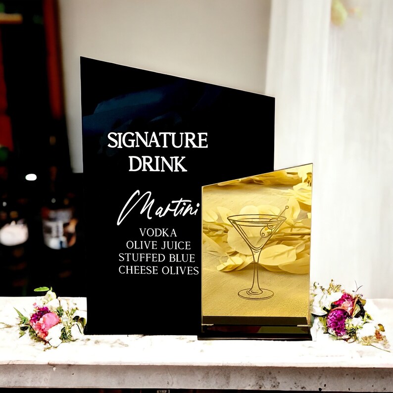 Gold and Black Acrylic Bar Menu Sign With Signature Drink Photo ...