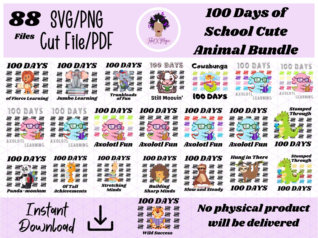 100 Days Cut Animal Bundle SVG PNG Cut File PDF, 100th Day of School ...