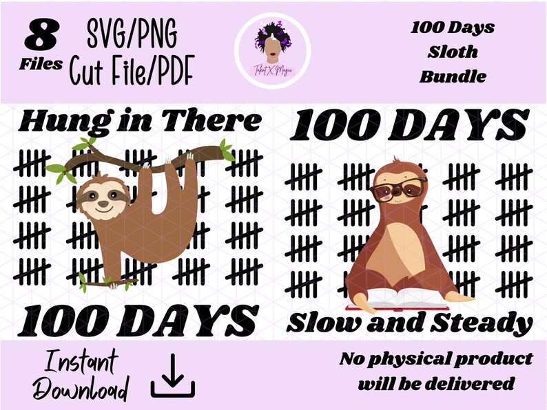 100 Days Sloth Bundle SVG PNG Cut File PDF, 100th Day of School, Sloth ...