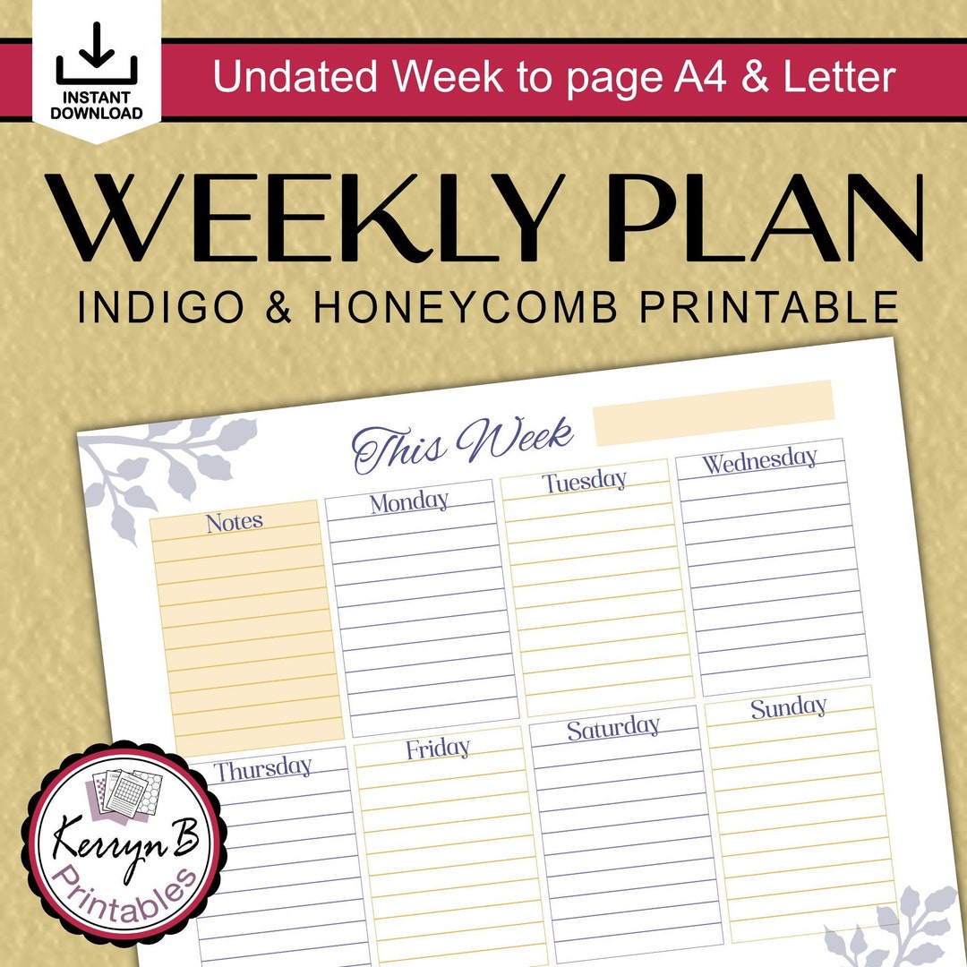 Indigo and Honeycomb Weekly Plan A4 & Letter Printable Landscape ...