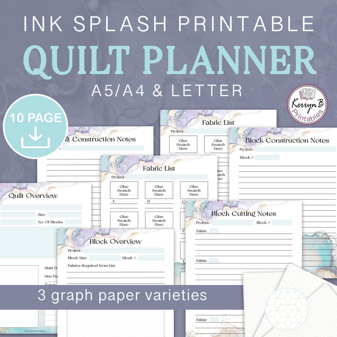 Purple Printable Quilt Planner Watercolour Ink Splash, Craft Planner ...