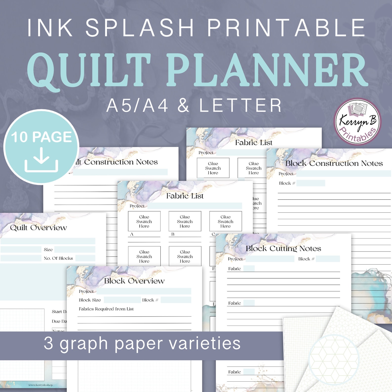 Purple Printable Quilt Planner Watercolour Ink Splash, Craft Planner ...