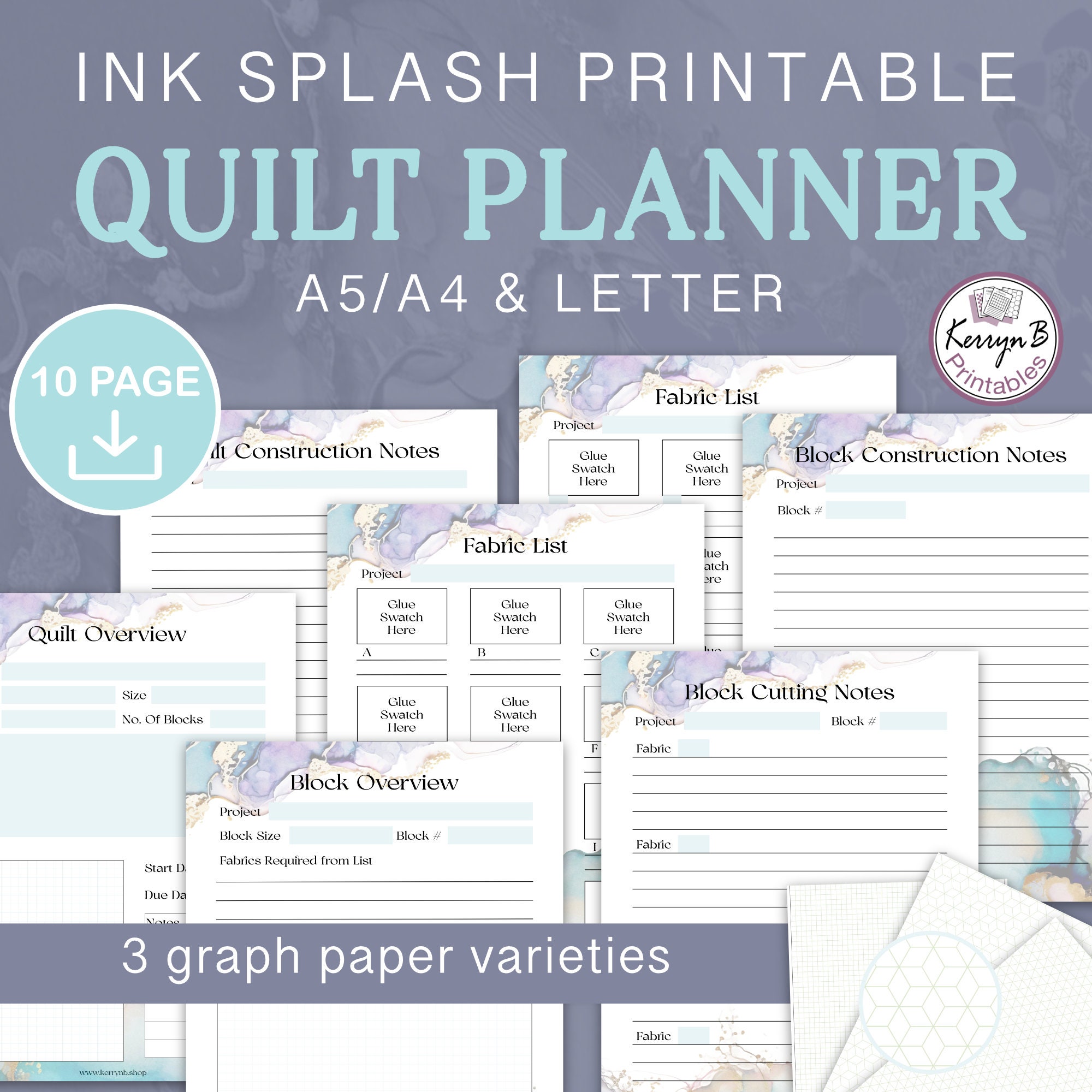 Purple Printable Quilt Planner Watercolour Ink Splash, Craft Planner ...