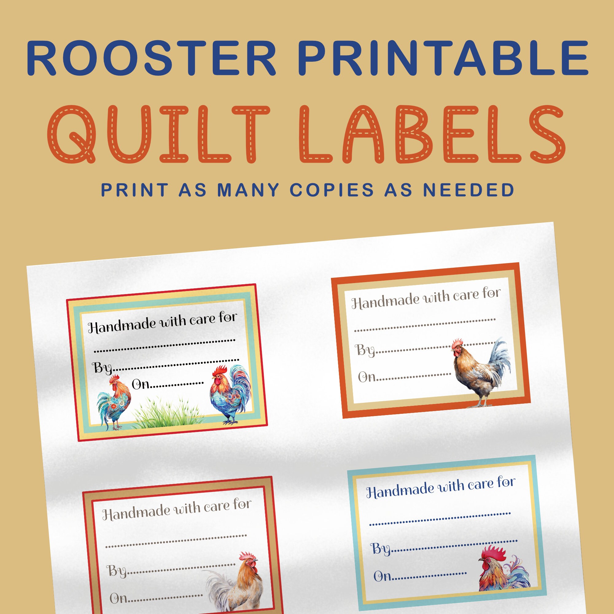 Printable Quilt Labels Roosters 4 to Letter Size Sheet to Print at Home ...