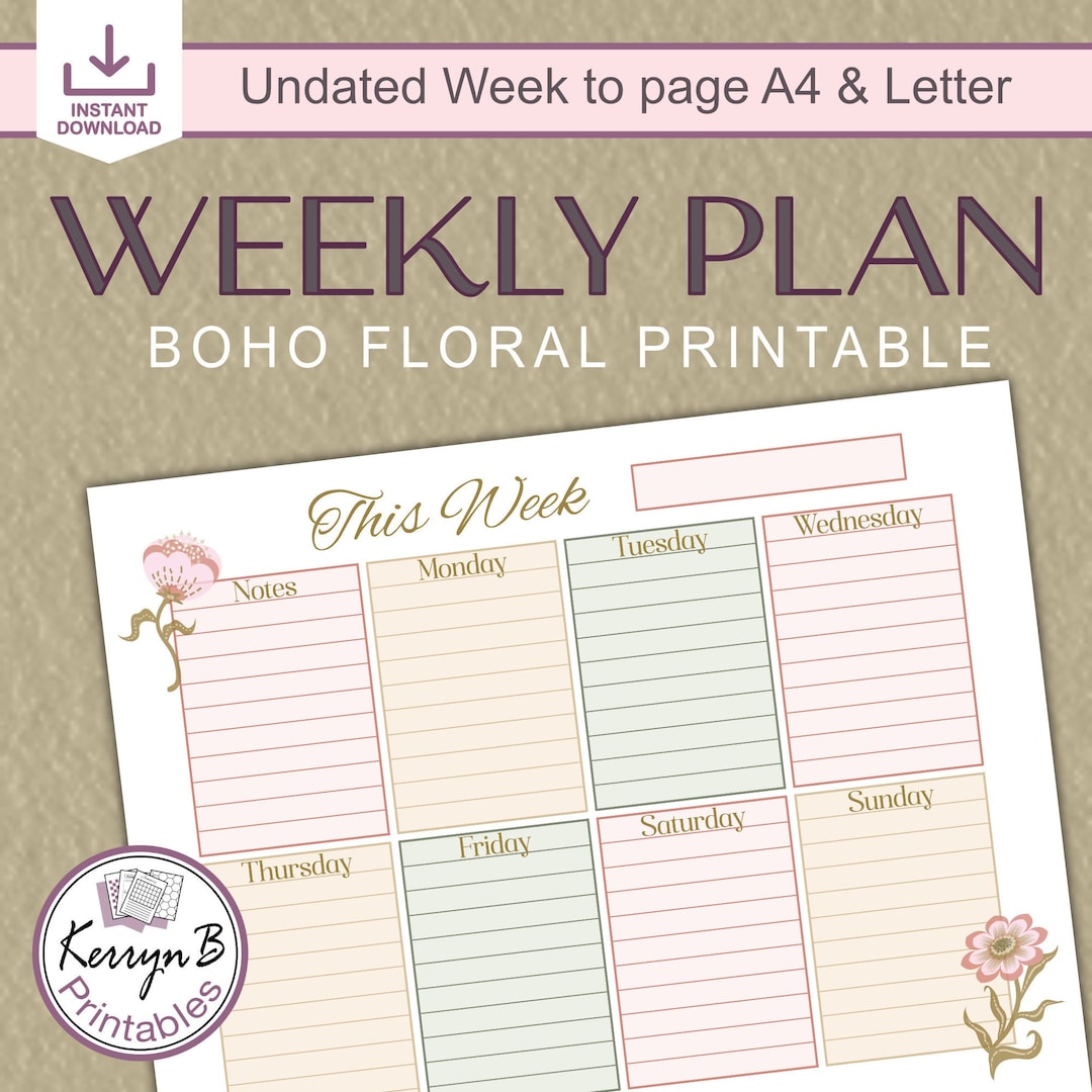 Boho Floral Weekly Planner: Printable A4 & Letter (PDF Download) - Etsy