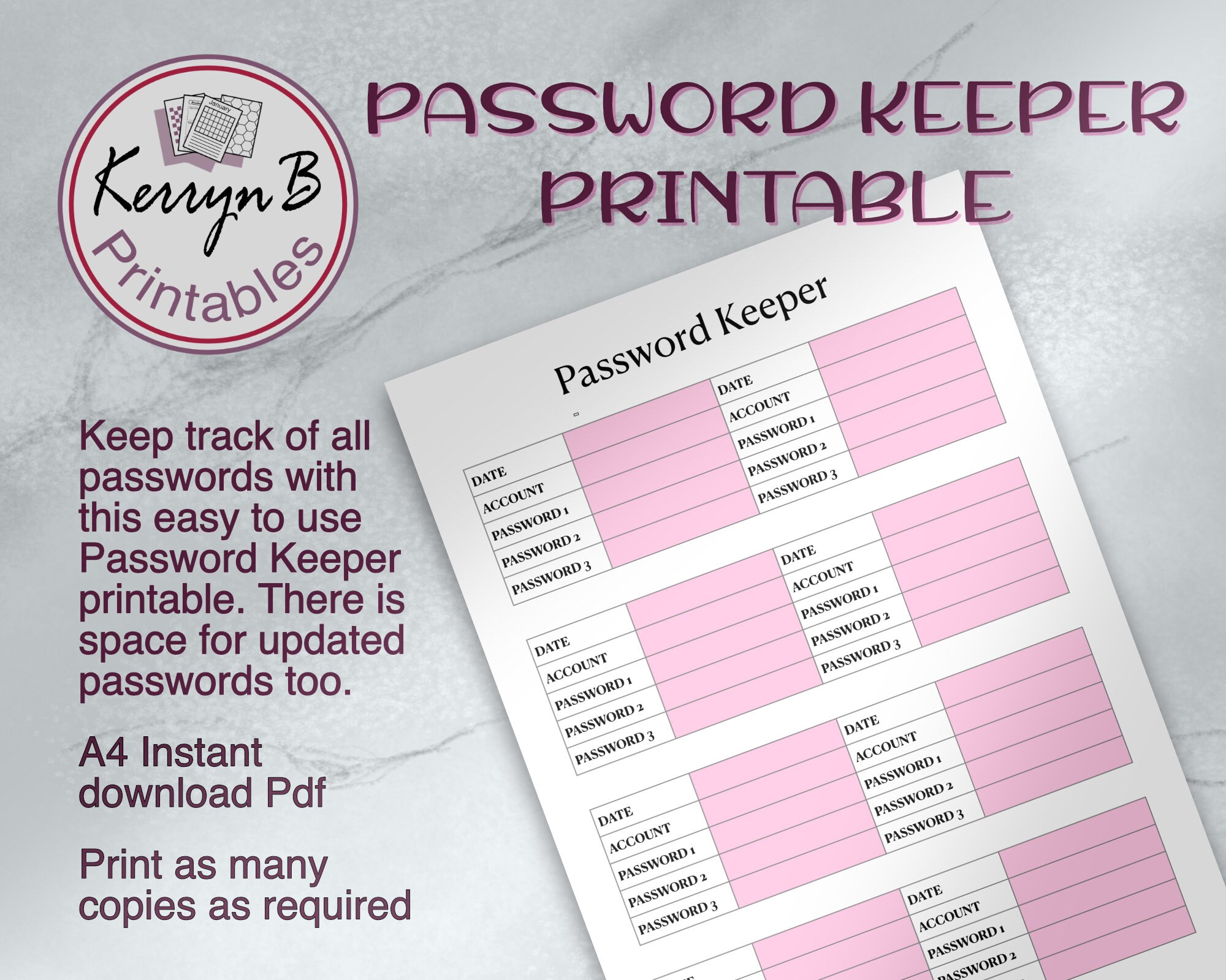 Pink Password Keeper A4 Printable. Password Login Tracker A4, Instant ...