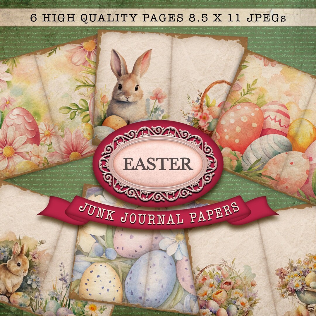 Easter Hunt Junk Journal Digital Papers, Floral Eggs and Rabbits Theme ...