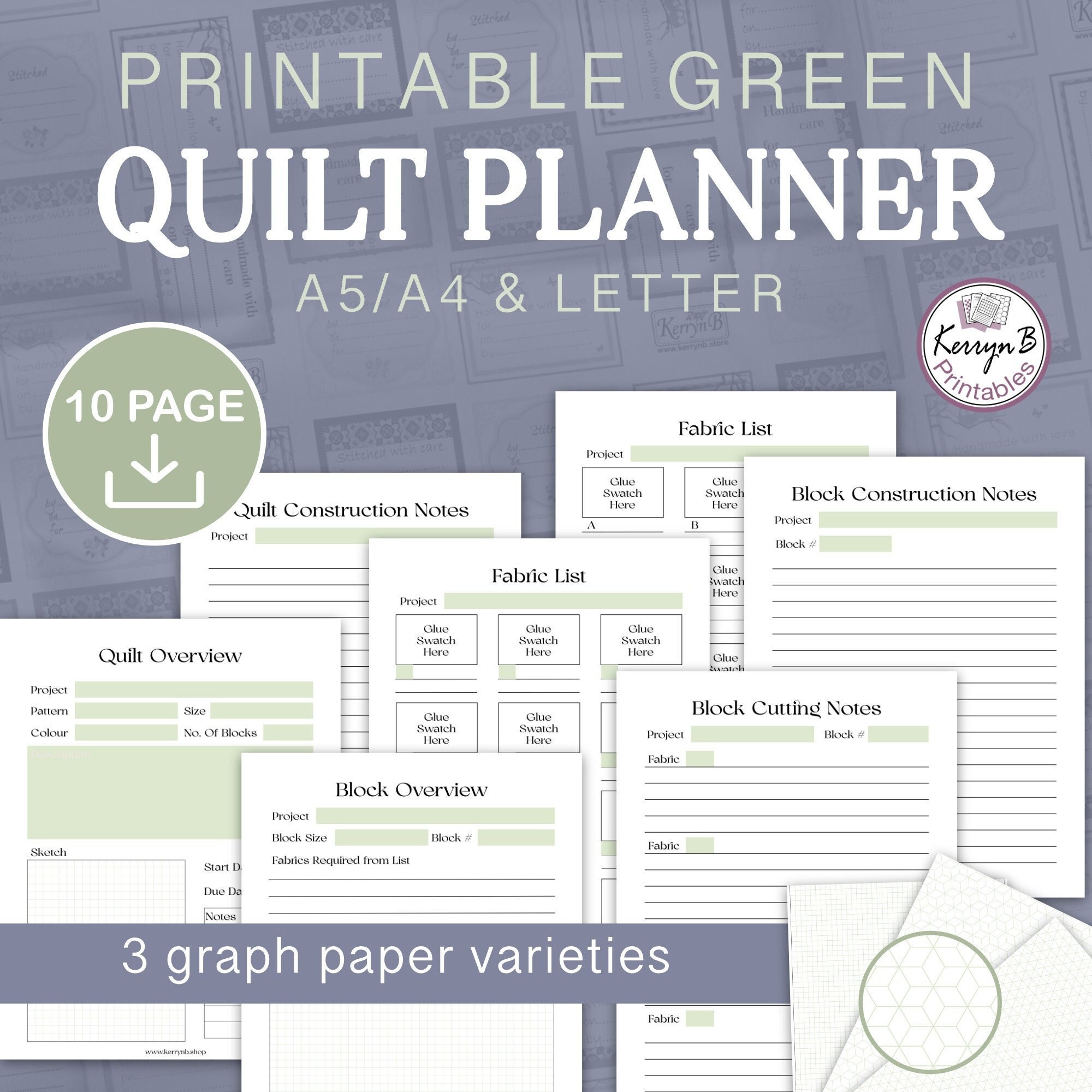Printable Quilt Planner Green, Craft Planner PDF Download, Quilt Record ...