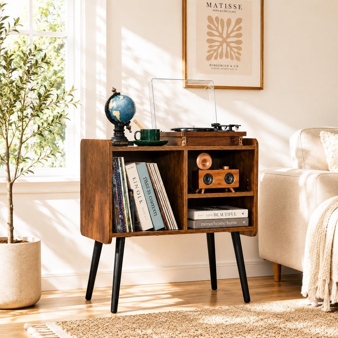 Retro Record Player Stand With Vinyl Storage, Mid Century Turntable ...