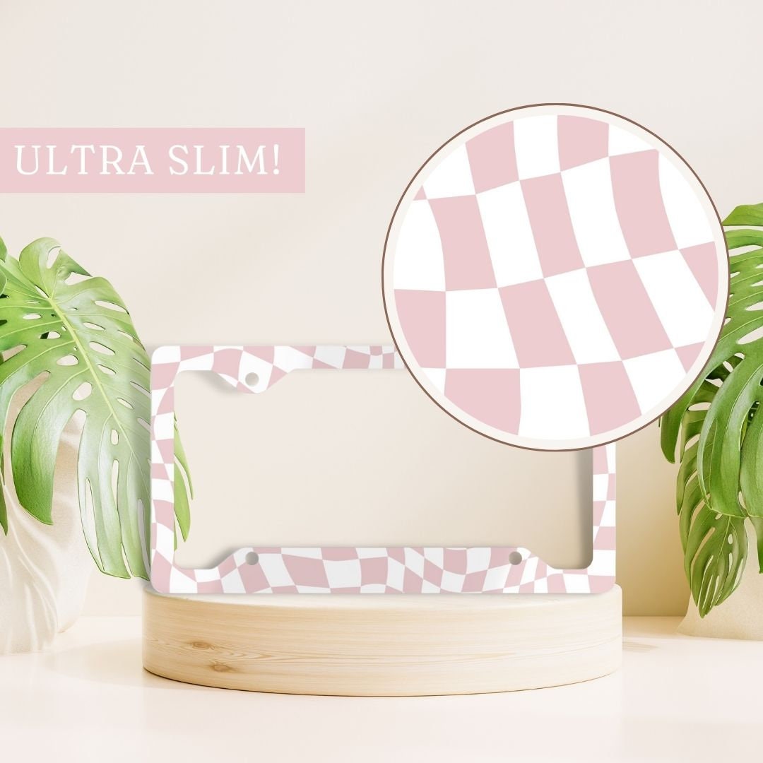 Pink Retro License Plate Frame, Checkered License Plate Holder, Pink ...