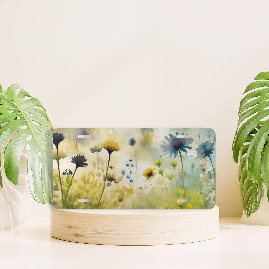 Flower License Plate, Yellow and Blue Floral License Plate, Wildflower ...