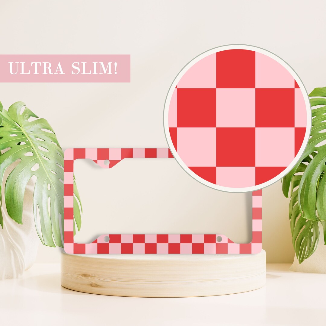 Pink and Red Checkered License Plate Frame, Retro License Plate Holder ...