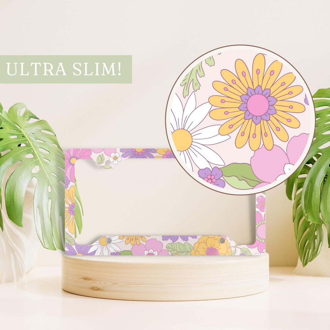 Retro License Plate Frame, Flower License Plate Frame, Pink Flower ...