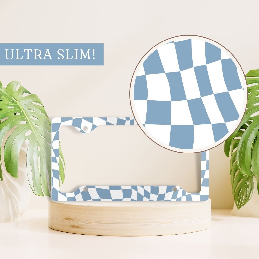 Blue Retro License Plate Frame, Checkered License Plate Holder, Blue ...