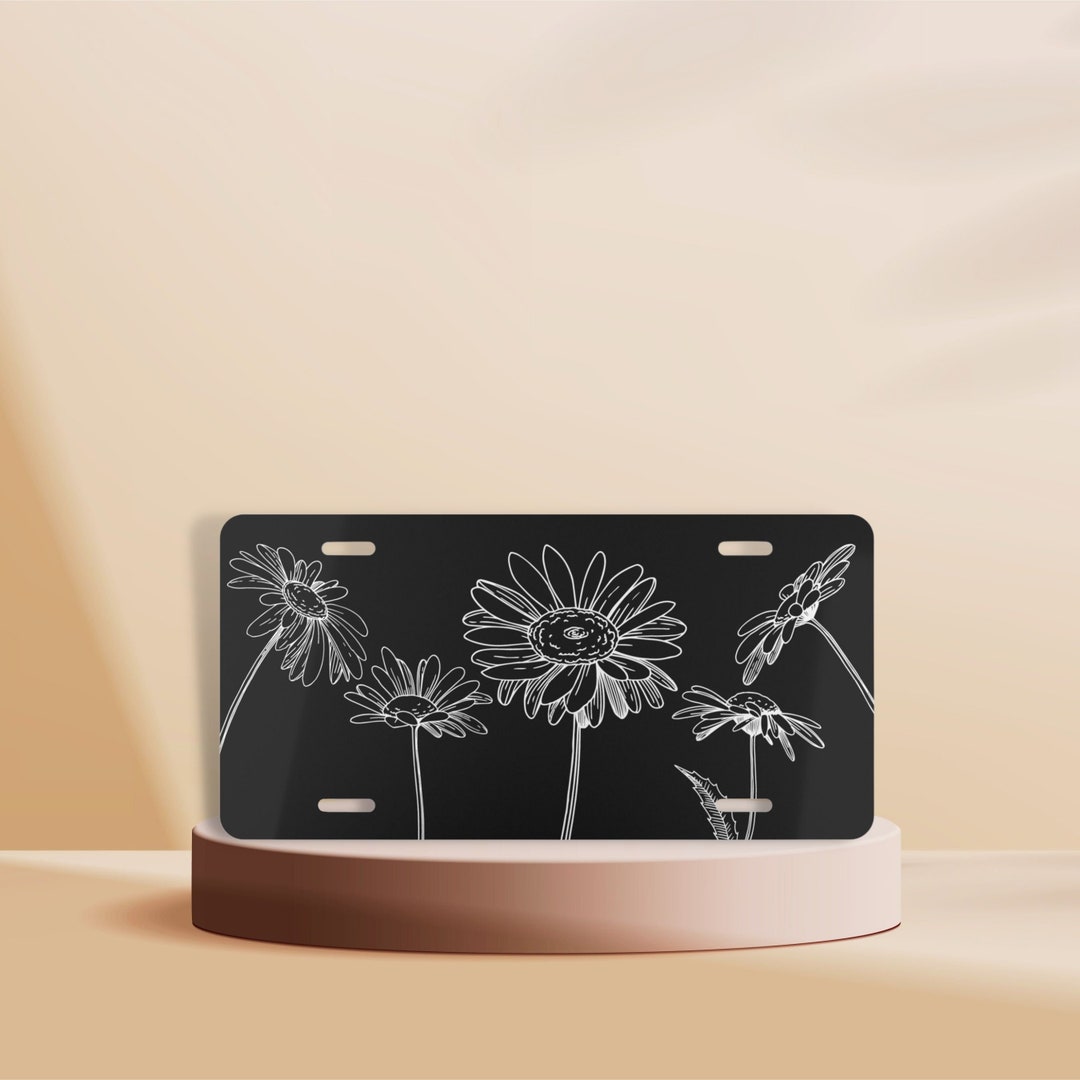 Floral License Plate, Minimal Daisy License Plate, Black Front License ...