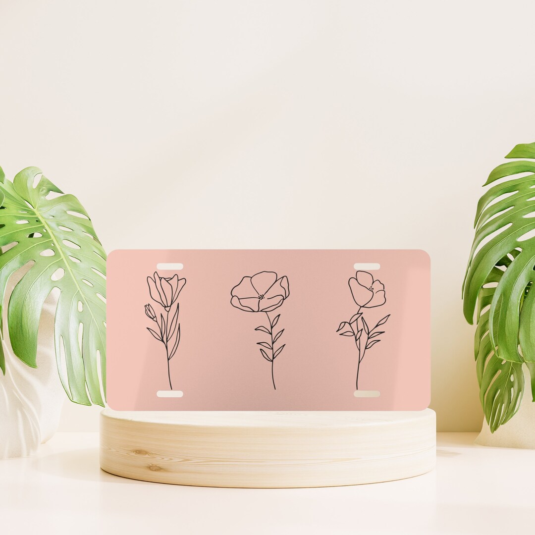 Pink License Plate, Floral Vanity License Plate, Hand Drawn Flower ...