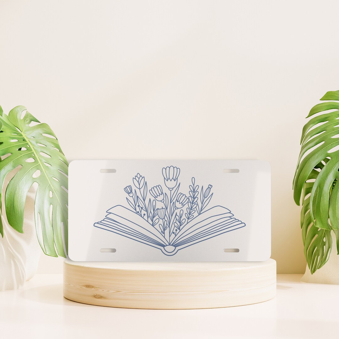 Book Lover License Plate, Flower Front License Plate, Minimal Vanity ...
