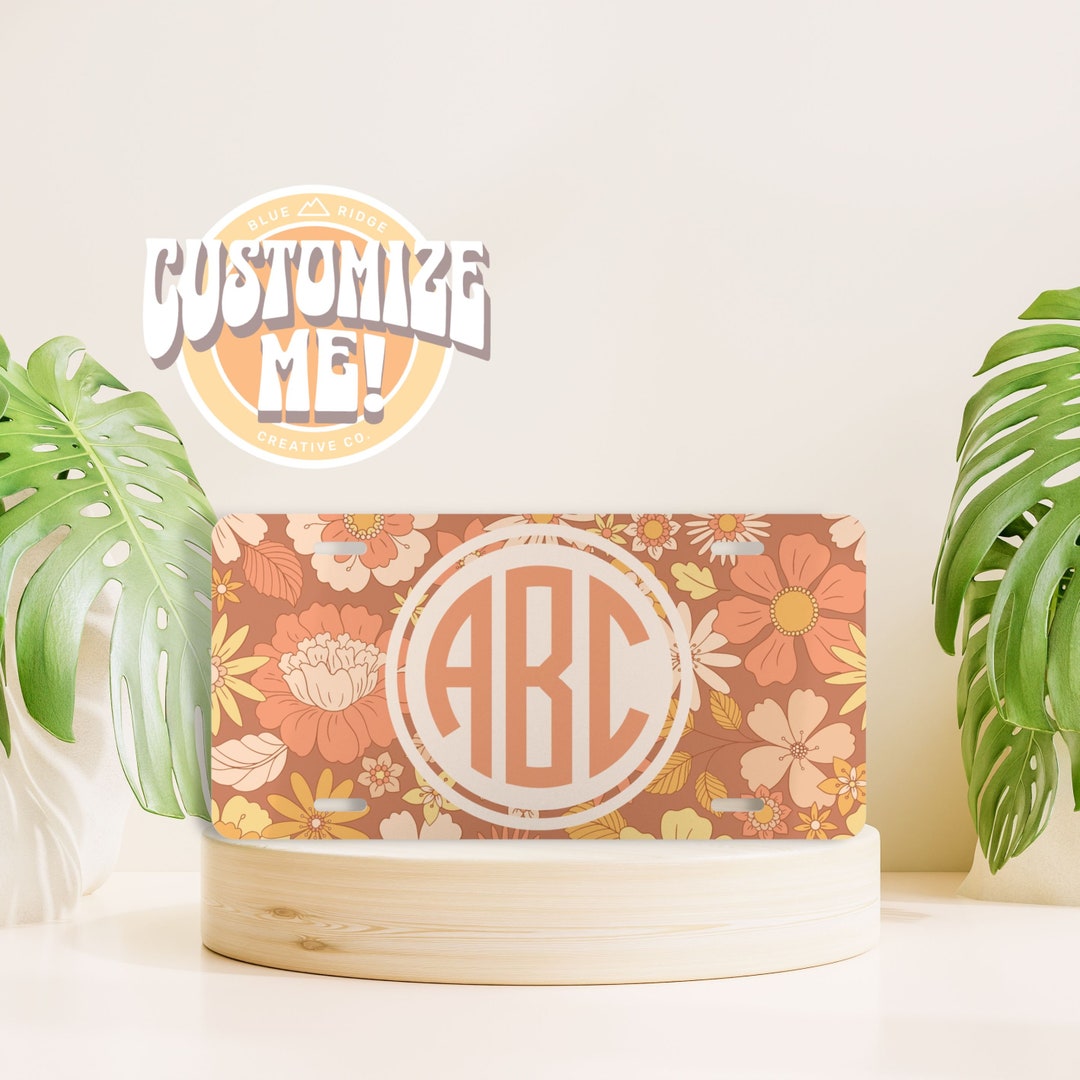 Floral Monogram License Plate, Custom Front License Plate, Orange ...
