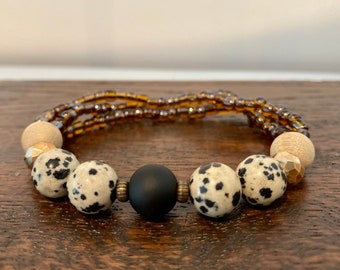 Black and Silver Bracelet Stack Dalmatian Jasper Beaded Bracelets Set Personalized Customizable ...