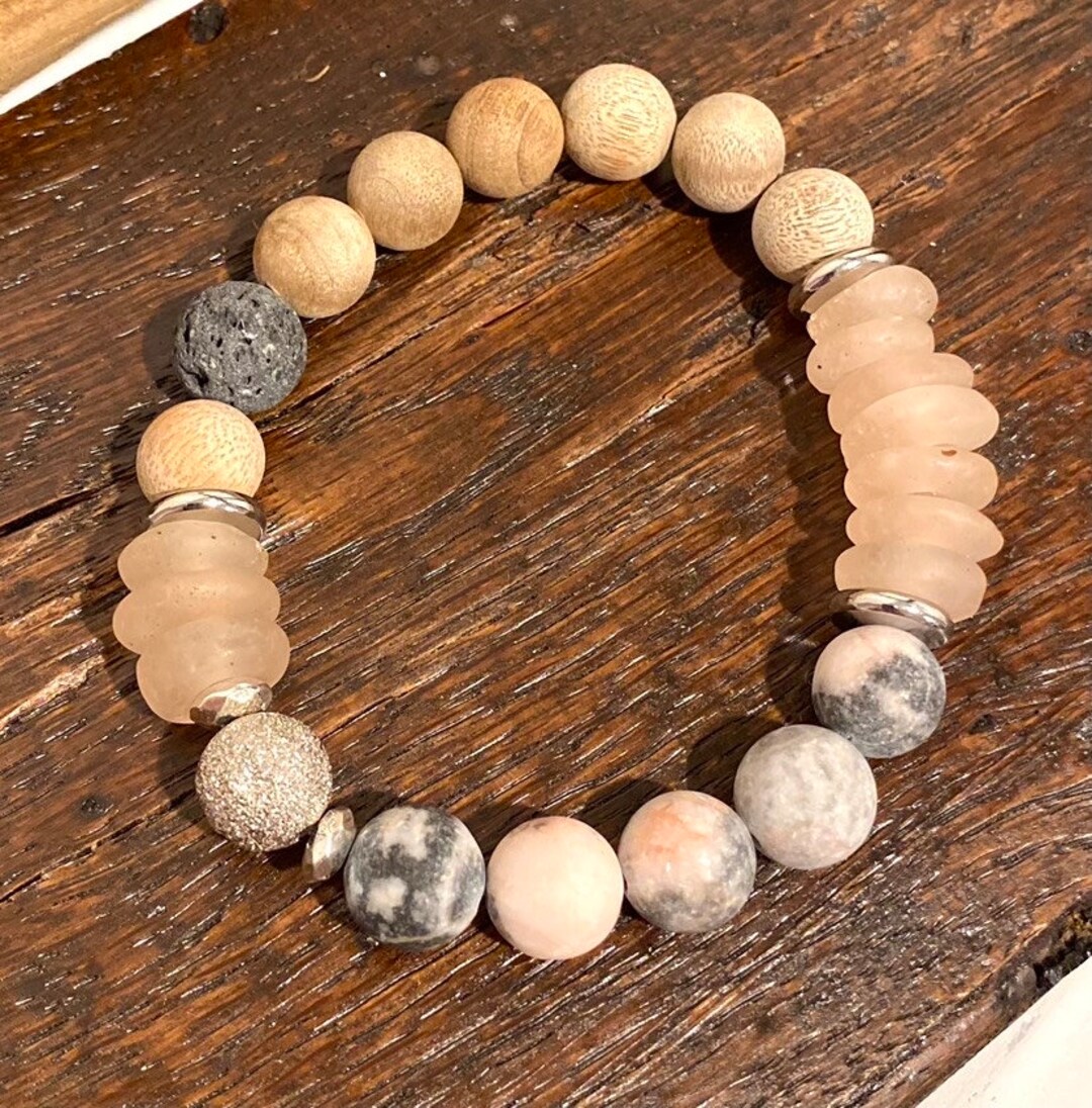 Pink Recycled Glass & Zebra Jasper Bracelet - Etsy