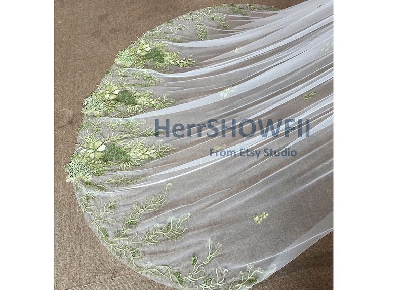 118'' Cathedral Veil, Green Wedding Veil, Cirrus Green Garden Bridal Veil, Fairy Floral Lace ...
