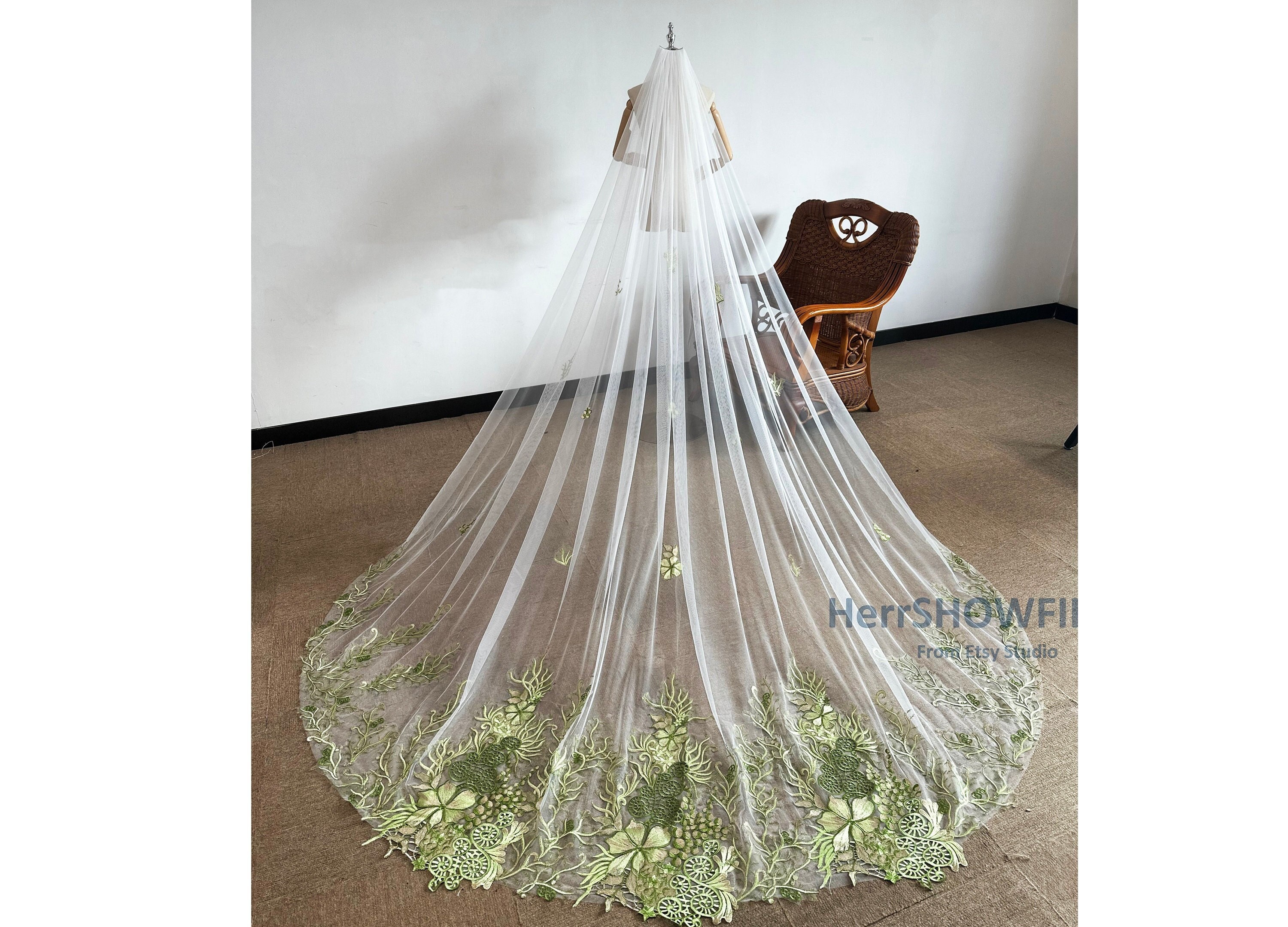 118'' Cathedral Veil, Green Wedding Veil, Cirrus Green Garden Bridal Veil, Fairy Floral Lace ...