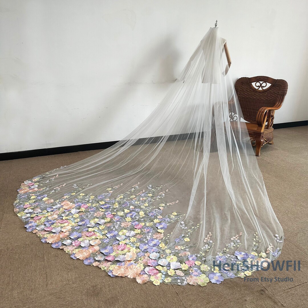 Secret Garden Colorful Flowers Bridal Veil, Fairy Lace Flower Wedding ...