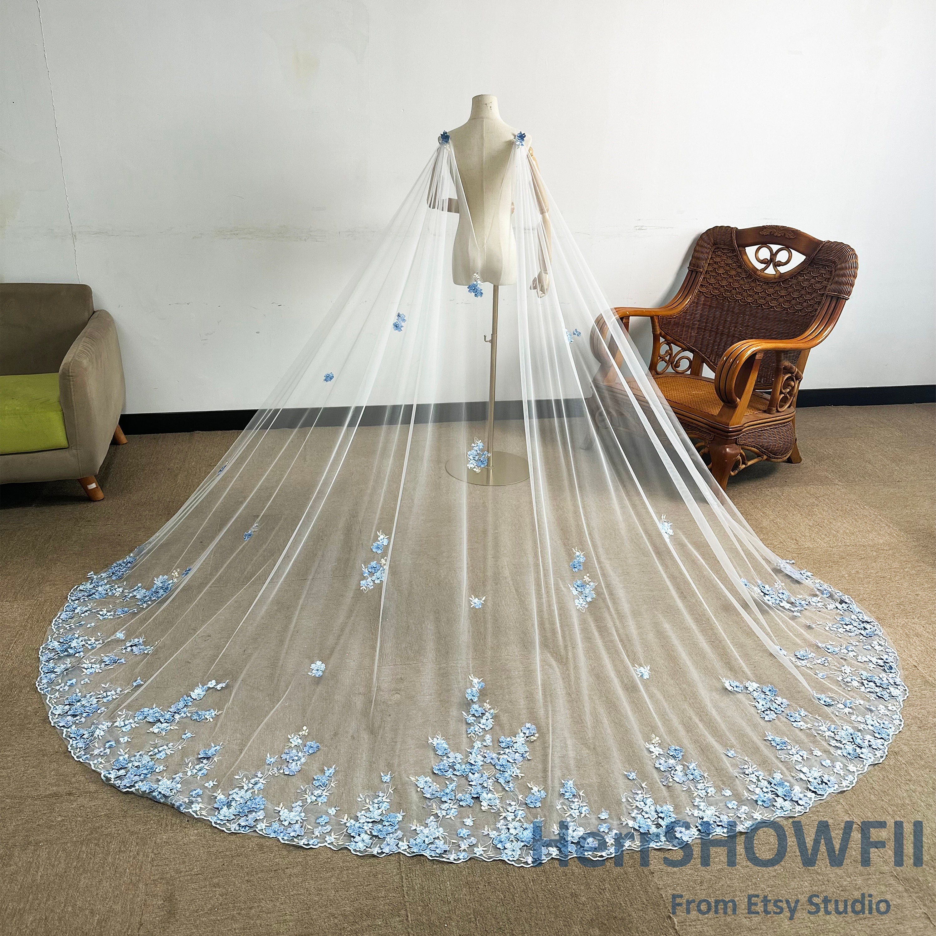 Fairy Blue Flowery Lace Bridal Veil, Blue Flower Wedding Veil, Soft ...