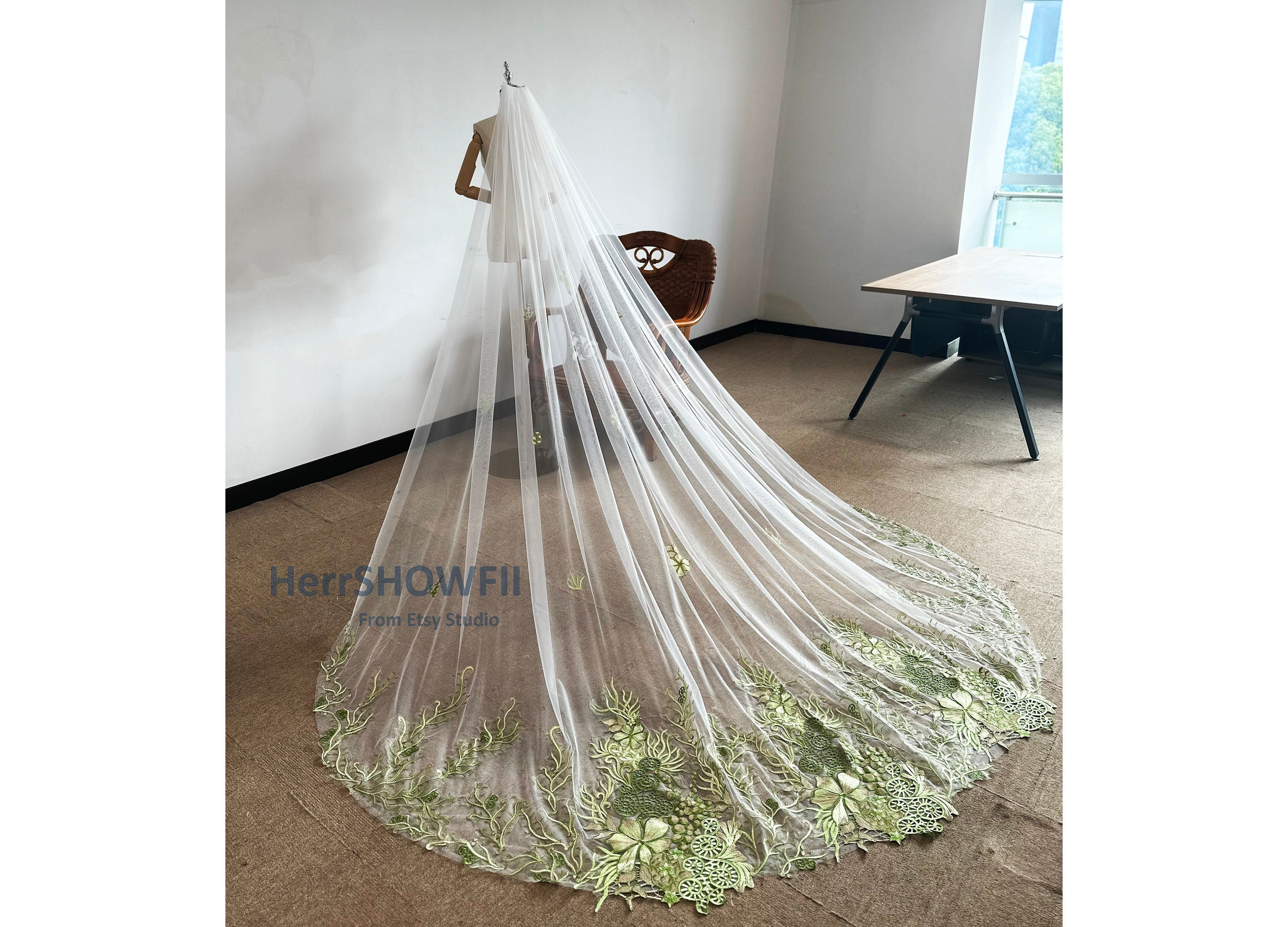118'' Cathedral Veil, Green Wedding Veil, Cirrus Green Garden Bridal ...