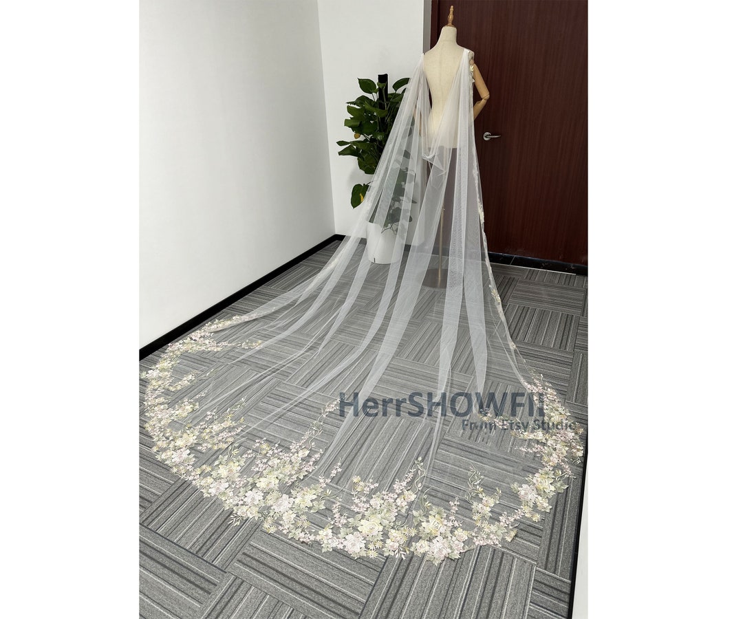 Colorful Flower Wedding Cape Veil Cream Color Flower Bridal Veil Cape V ...