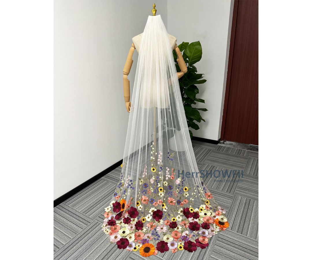 72'' Floor Length Veil Secret Garden Wedding Veil Colorful Wild Flowers ...