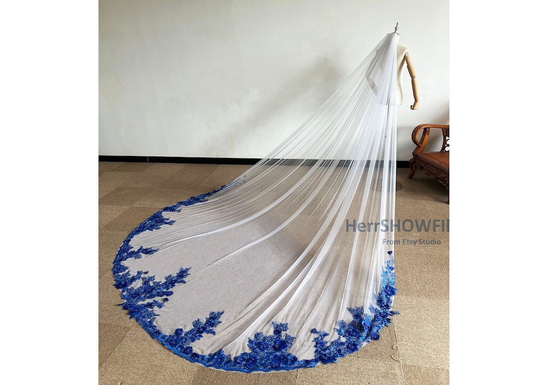 Vintage Peacock Blue Flowery Wedding Veil, 3D Flower Lace Bridal Veil ...