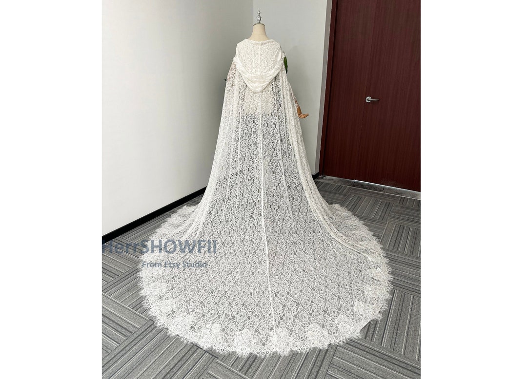 118'' Bohemian Wedding Cloak With Hoodie Flower Lace Hooded Cape ...