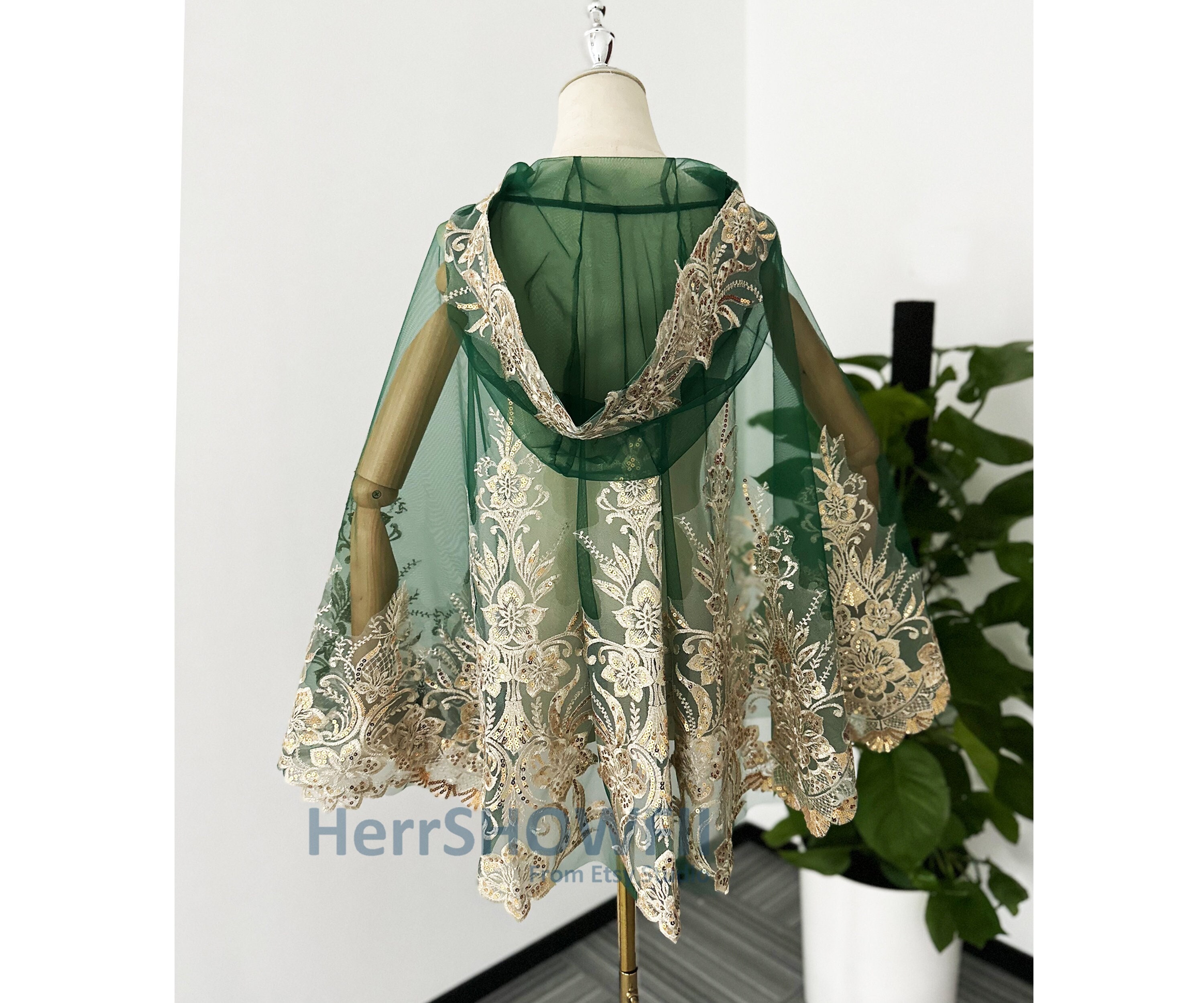Vintage Emerald Green Hooded Cape Veil, Gold Sequined Bridal Veil Cape ...