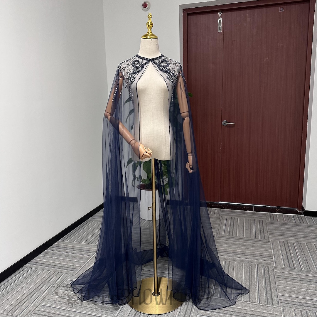 Vintage Navy Wedding Cape Veil, Gorgeous Beading Bridal Cloak,open ...