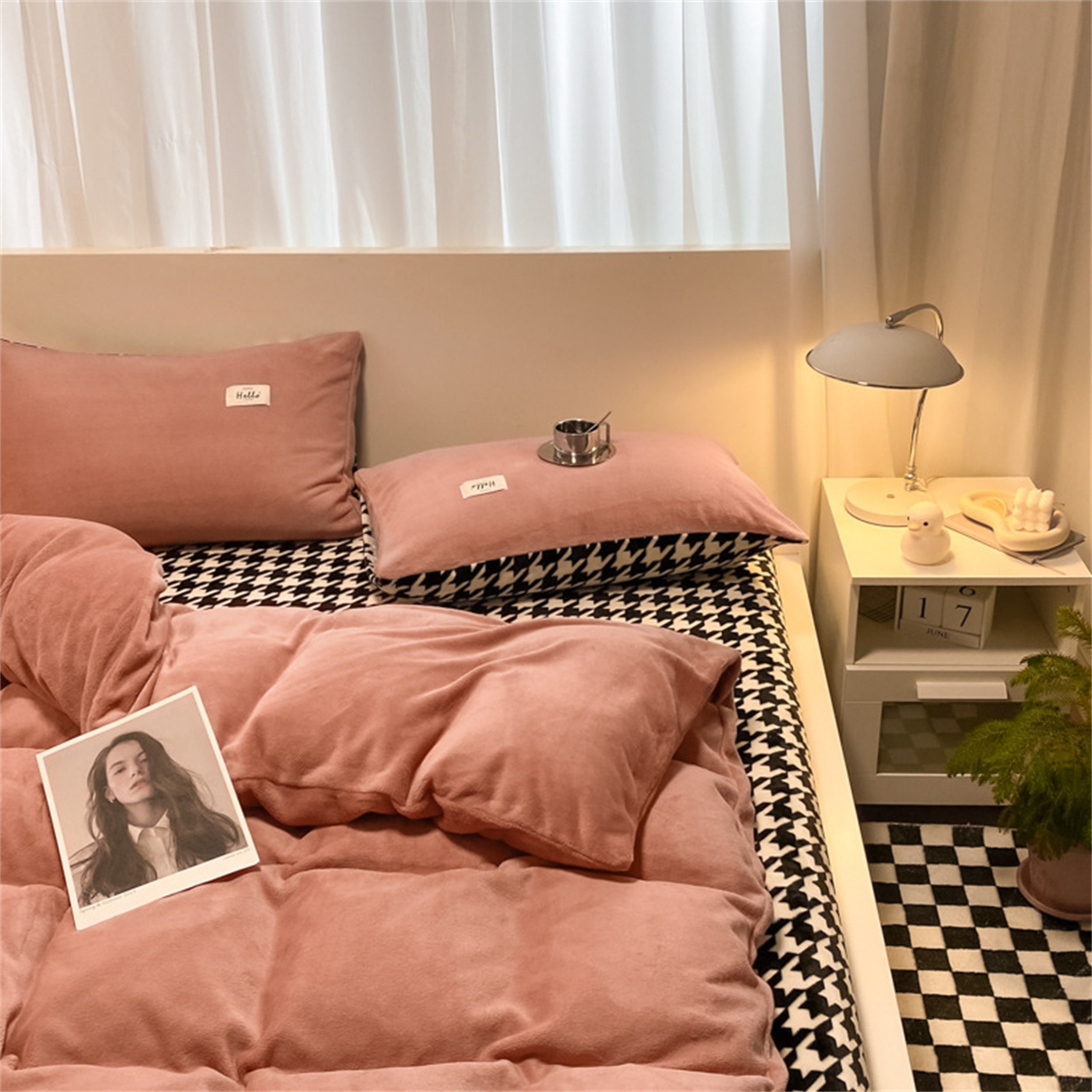 Dreamy Purple Velvet Bedding Set French Houndstooth Bed Sheet Mashuped ...