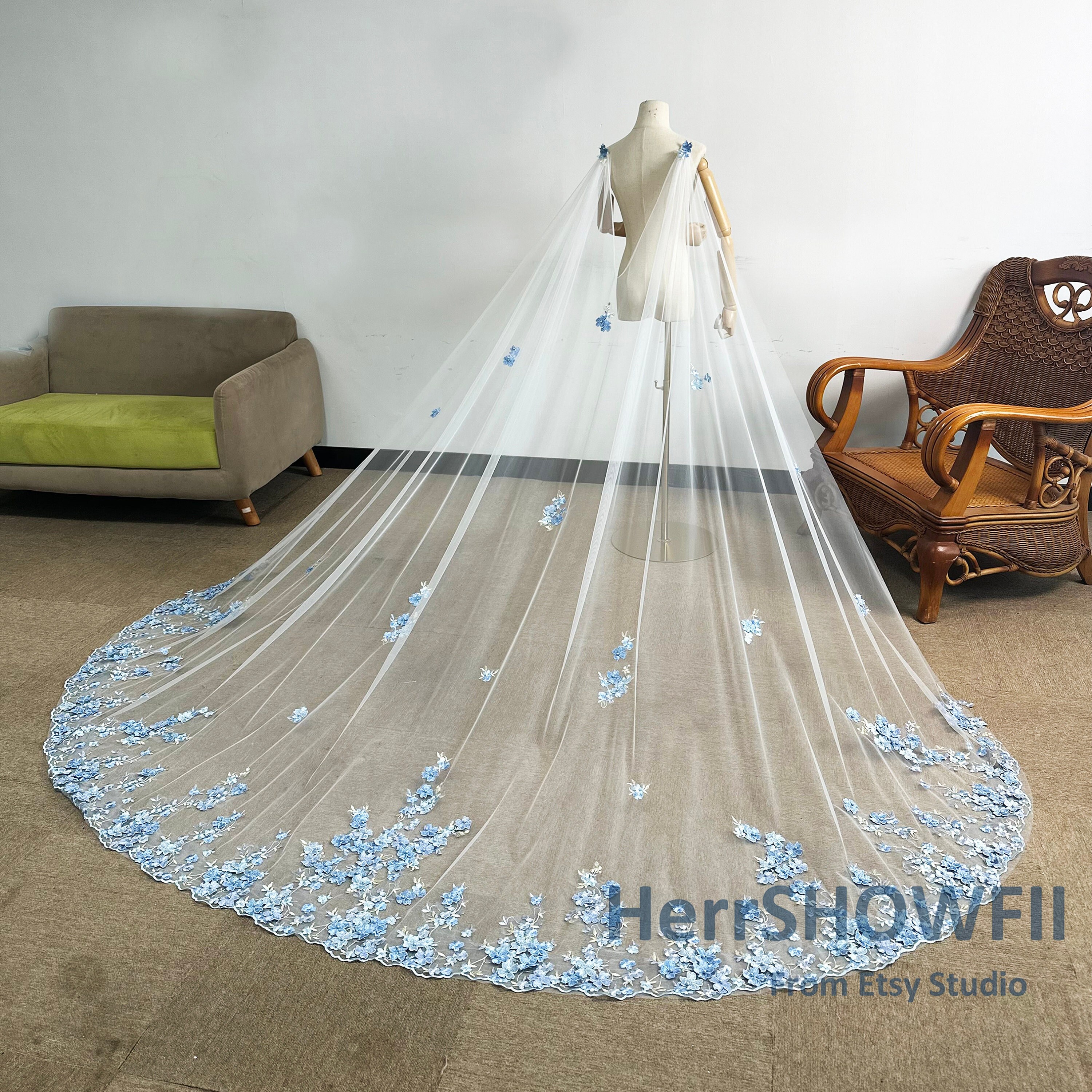 Fairy Blue Flowery Lace Bridal Veil, Blue Flower Wedding Veil, Soft ...