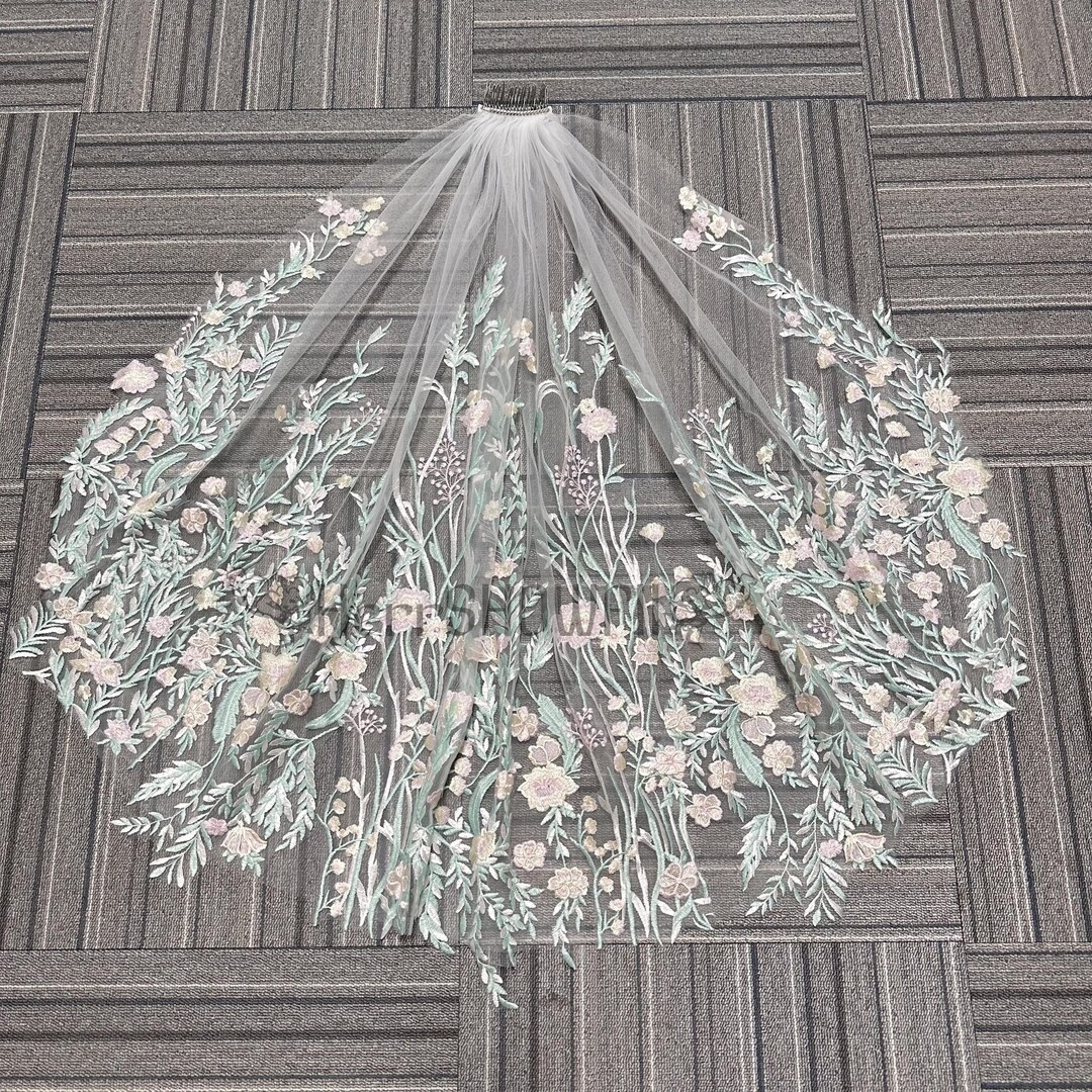 Mint Green Flower Wedding Veil Fairy Embroidery Veil, Pink Wildflower ...